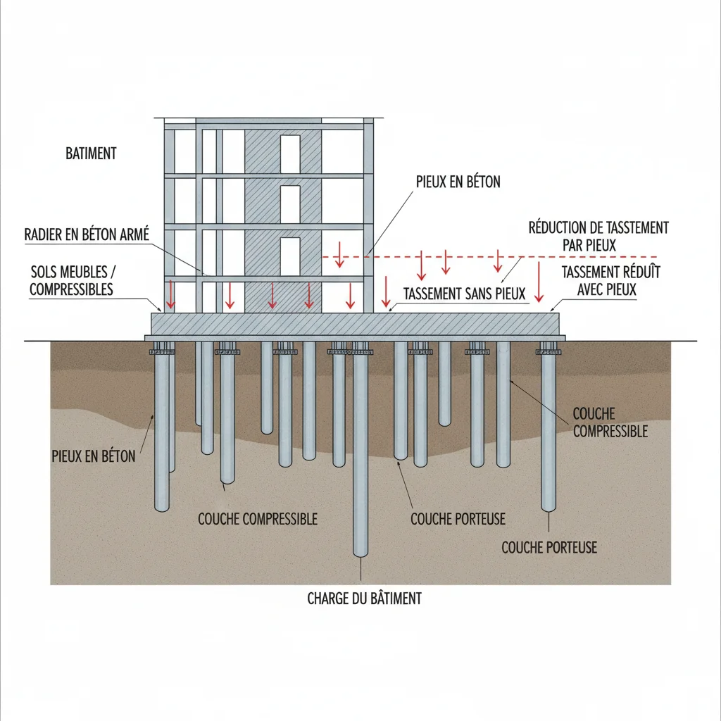 Réduction de Tassement d'un Radier par Pieux - Exercice corrigé